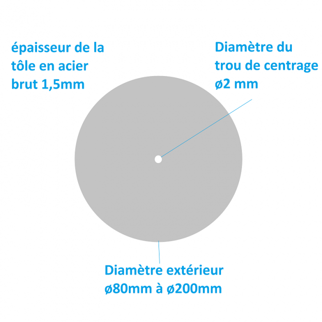Disque tôle acier brut S235 – Ø80 à Ø600 mm – pré-percé Ø2 mm