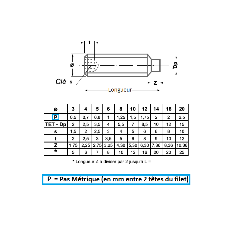 Vis STHC inox A2 sans tête – DIN 913/914/916 – M3 à M12