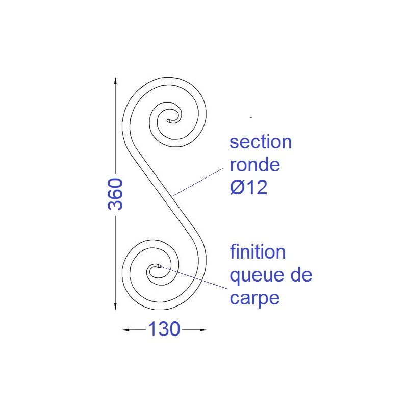 Volute S symétrique forgée – acier rond Ø12, 360 x 130 mm